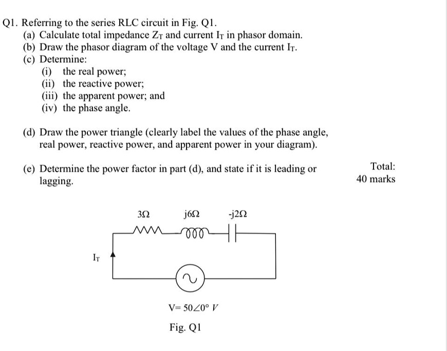 SOLVED: Q1. Referring to the series RLC circuit in Fig.Q1: a) Calculate the total impedance ZT ...