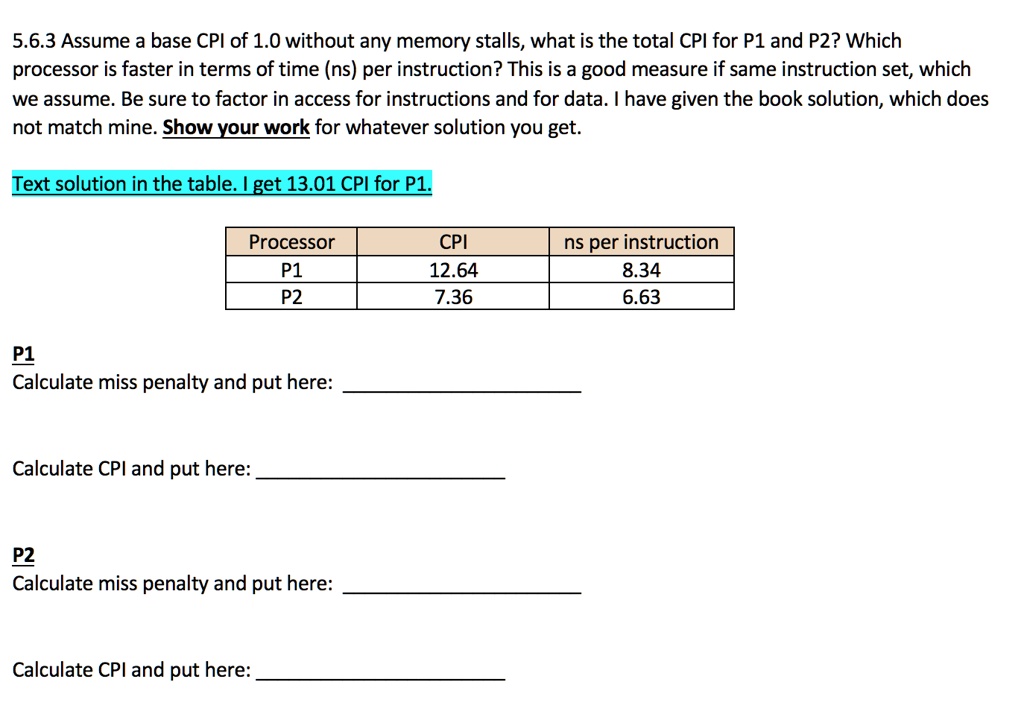 5.6.3 Assume a base CPI of 1.0 without any memory stalls, what is the total CPI for P1 and P2 ...