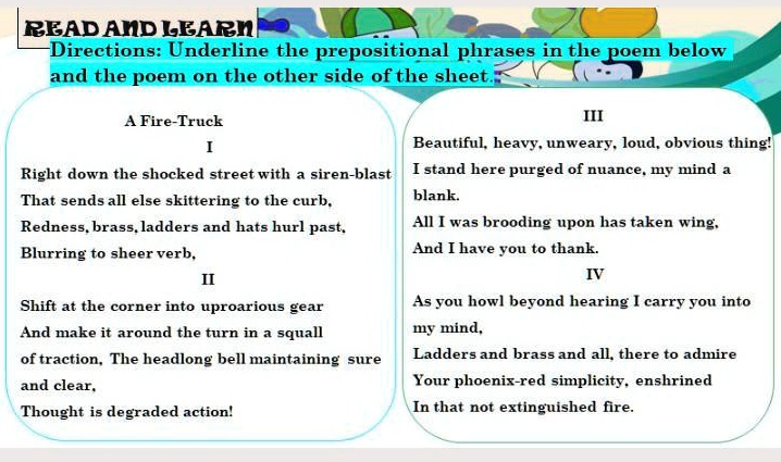 Directions: Underline the prepositional phrases in the poem below and ...