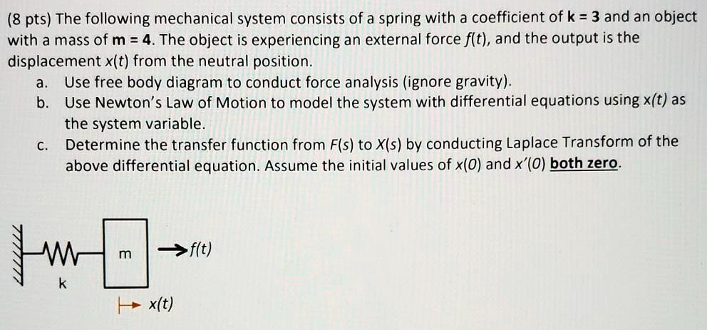 SOLVED: The following mechanical system consists of a spring with a coefficient of k = 3 and an ...