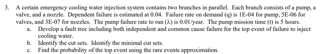 a certain emergency cooling water injection system contains two branches in parallel each branch ...