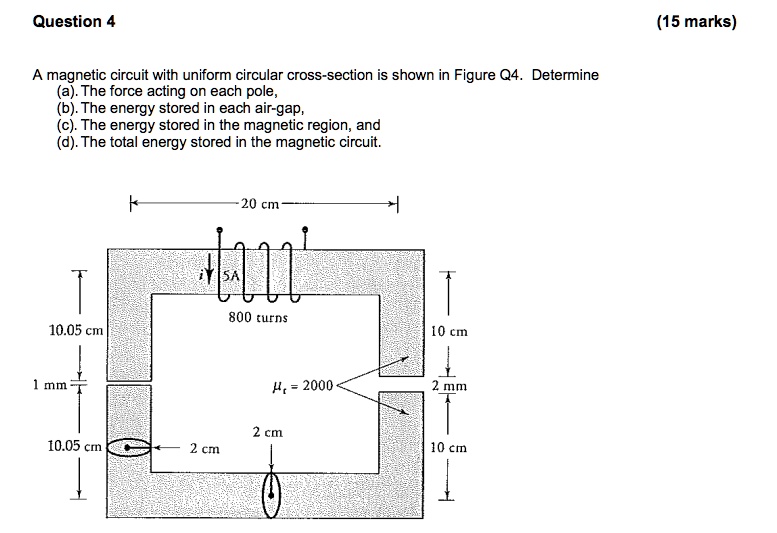 SOLVED: Question 4 (15 marks) A magnetic circuit with uniform circular cross-section is shown in ...