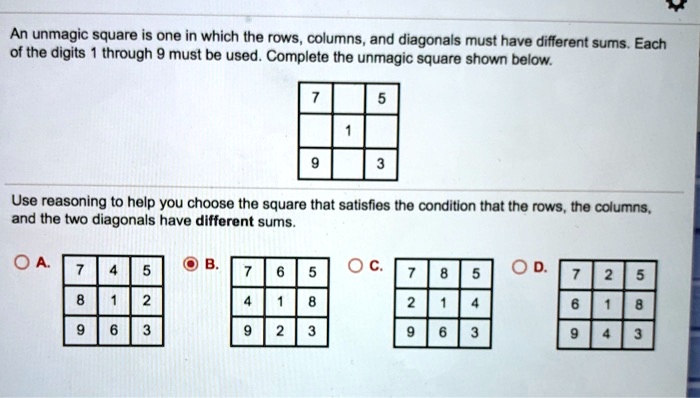 an unmagic square is one in which the rows columns and diagonals must have different sums each ...
