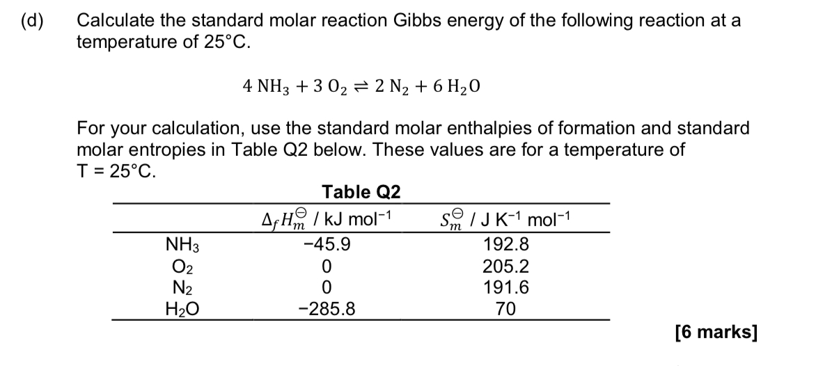 SOLVED: (d) Calculate the standard molar reaction Gibbs energy of the ...