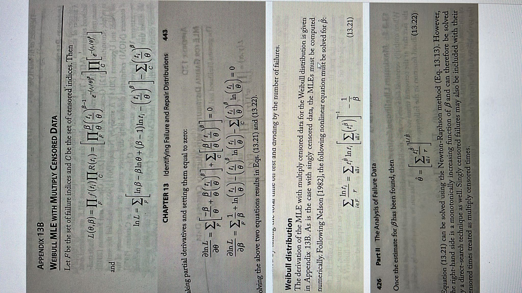APPENDIX 13B WeibulL MLE With MULtiply Censored DATA Let F be the set of failure indices and C ...