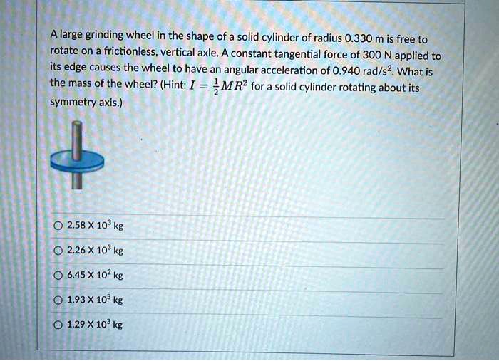 SOLVED: A large grinding wheel in the shape of a solid cylinder of radius 0.330 m is free to ...