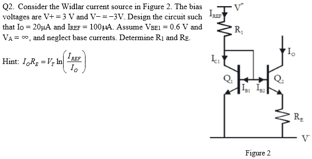 Q2. Consider the Widlar current source in Figure 2. The bias voltages are V+ = 3 V and V- = -3V ...