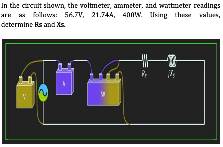 In the circuit shown, the voltmeter, ammeter, and wattmeter readings are as follows: 56.7V, 21 ...