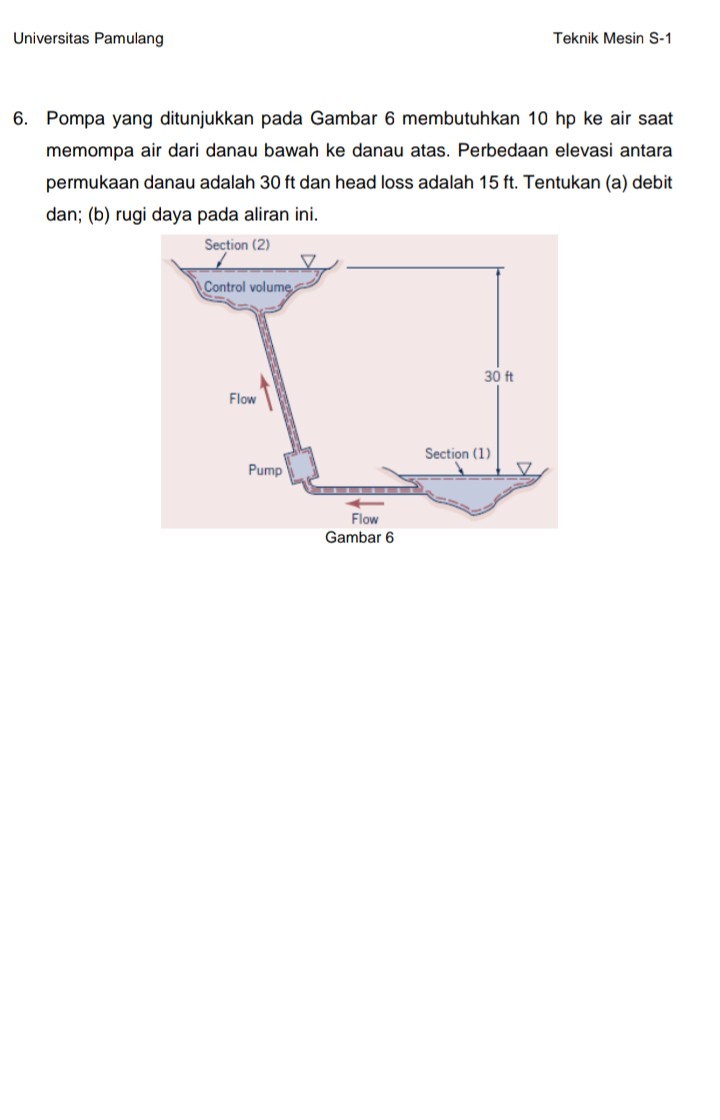 Universitas Pamulang Teknik Mesin S-1 6. Pompa yang ditunjukkan pada Gambar 6 membutuhkan 10 hp ...