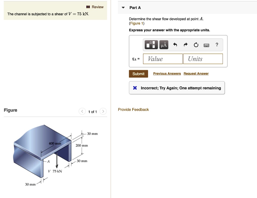 The channel is subjected to a shear of V = 75 kN. Determine the shear flow developed at point A ...