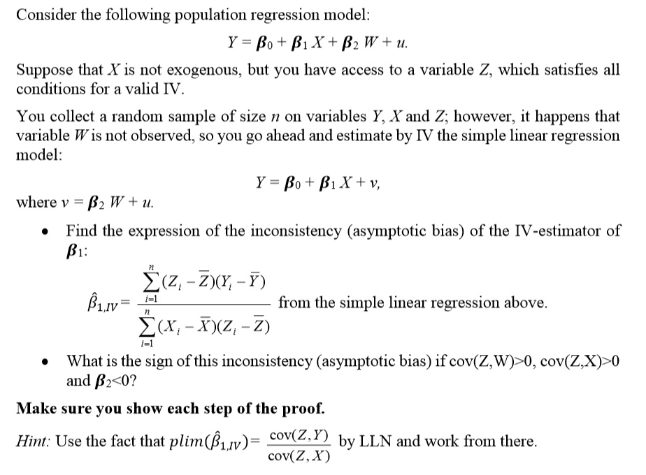 consider the following population regression model y bo b1x b2 w u suppose that x is not ...
