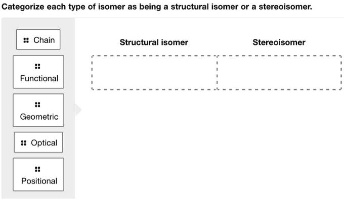 SOLVED: Texts: Categorize each type of isomer as being a structural isomer or a stereoisomer ...