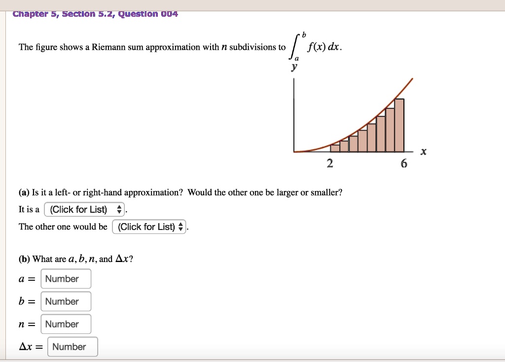 The figure shows Riemann sum approximation with n subdivisions to f(x) dx. (a) Is it a left- or ...