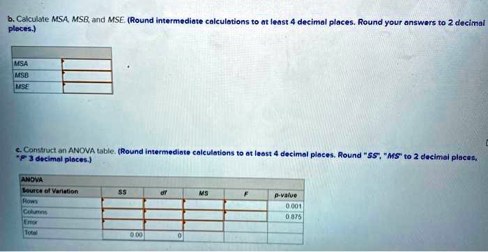 SOLVED: Calculate MSA MSB and MSE (Round intermediate calculations at least decimal places ...