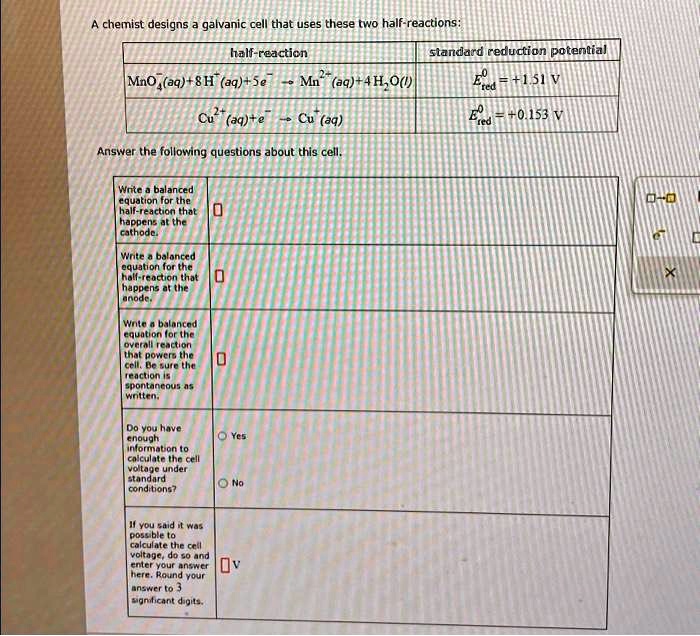 SOLVED: A chemist designs a galvanic cell that uses these two half ...