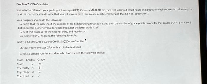 SOLVED: Problem 2: GPA Calculator You want to calculate your grade ...