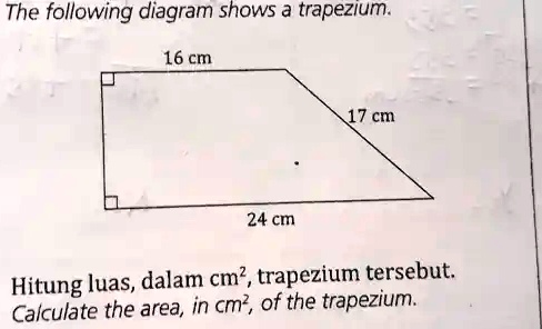 The following diagram shows a trapezium. 16 cm 24 cm 17 cm Hitung luas, dalam cm², trapezium ...