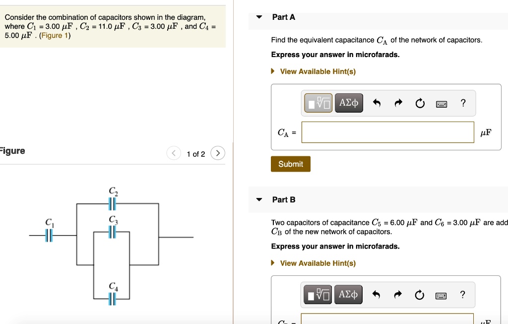 SOLVED: Consider the combination of capacitors shown in the diagram, where C1 = 3.00 pF, C2 = 11 ...