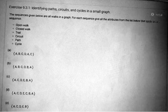 SOLVED:Exercise 9.3.1: Identifying paths; circuits,and = cycles in a small graph The sequences ...