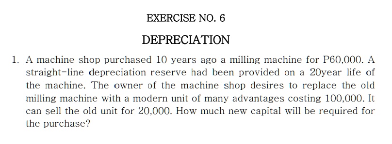 EXERCISE NO. 6 DEPRECIATION 1. A machine shop purchased 10 years ago a ...