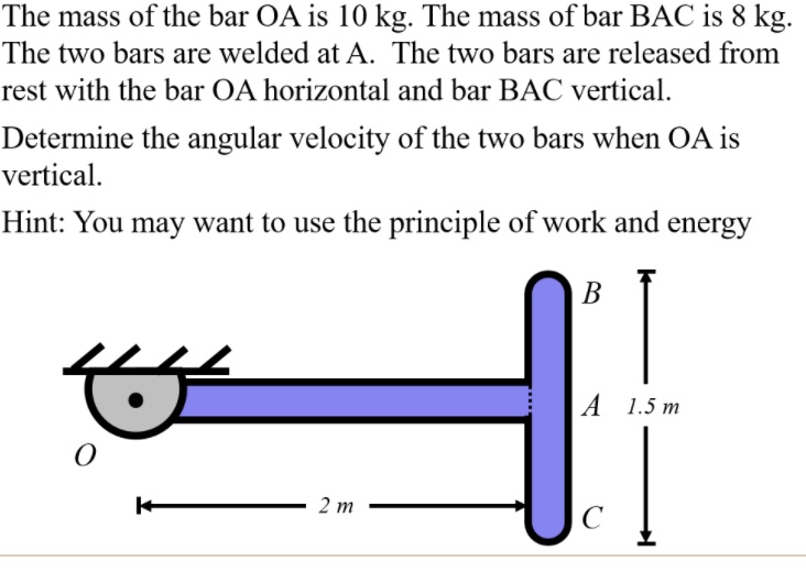 The mass of the bar OA is 10 kg. The mass of bar BAC is 8 kg. The two ...