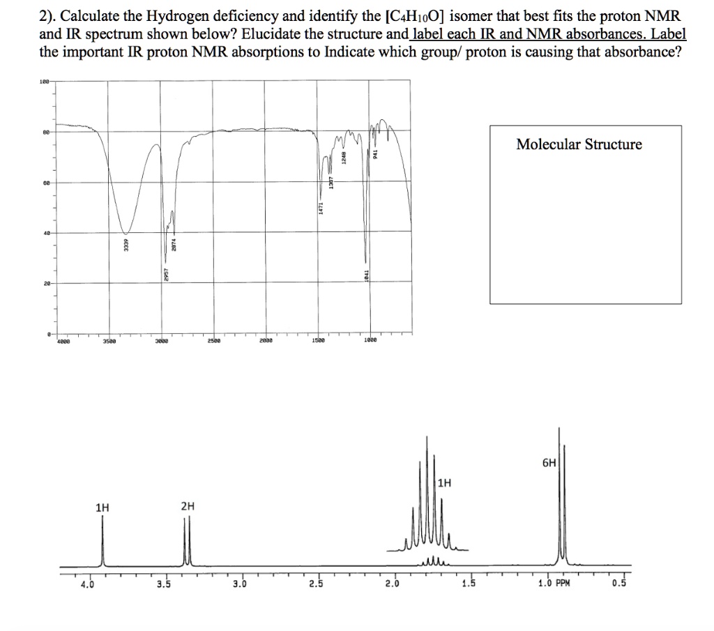 SOLVED:2). Calculate the Hydrogen deficiency and identify the [C4H1oO] isomer that best fits the ...
