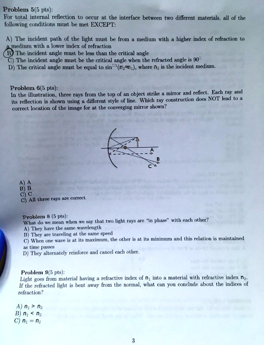 SOLVED: Problem 55 (pts): For total internal reflection to occur at the interface between two ...
