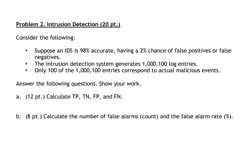 problem 2 intrusion detection 20 pt consider the following suppose an ids is 98 accurate having ...