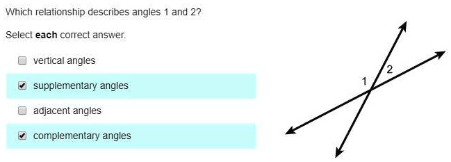 please help 15 points which relationship describes angles 1 and 2 select each correct answer a ...