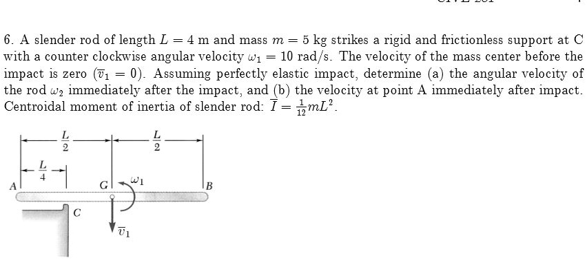 SOLVED: A slender rod of length L = 4 m and mass m = 5 kg strikes a ...