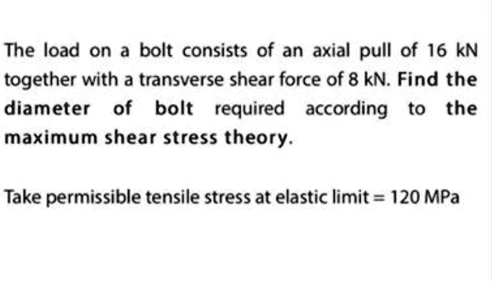 The load on a bolt consists of an axial pull of 16 kN together with a ...