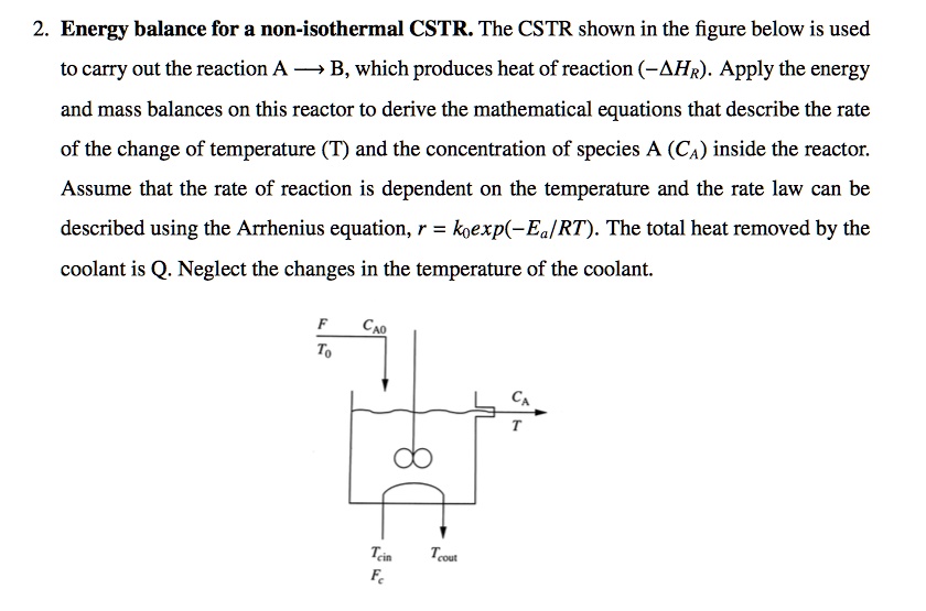 SOLVED: Energy balance for a non-isothermal CSTR. The CSTR shown in the figure below is used to ...