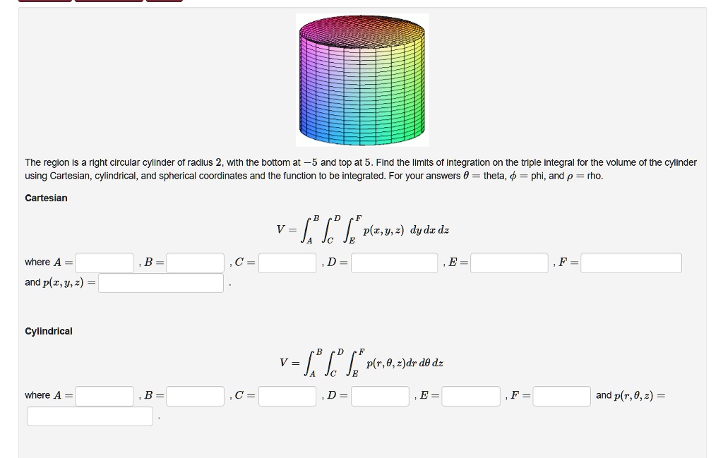 The region is a right circular cylinder of radius 2, with the bottom at ...