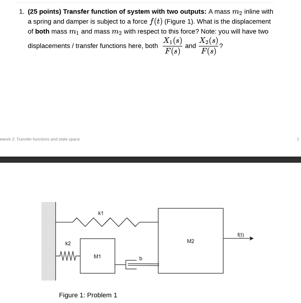 Transfer function of system with two outputs: A mass (m2) inline with a ...