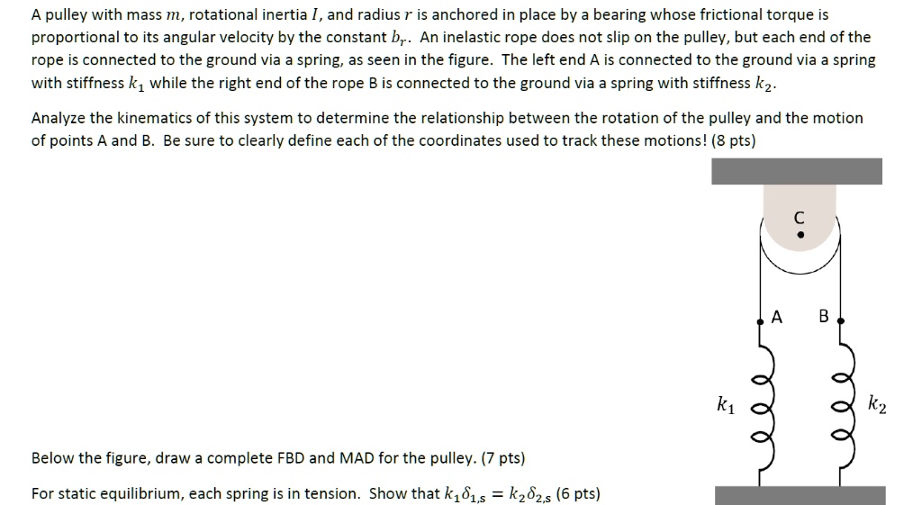 SOLVED: A pulley with mass m, rotational inertia I, and radius r is ...