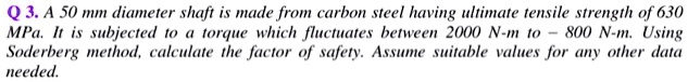 Q3. A 50 mm diameter shaft is made from carbon steel having ultimate ...