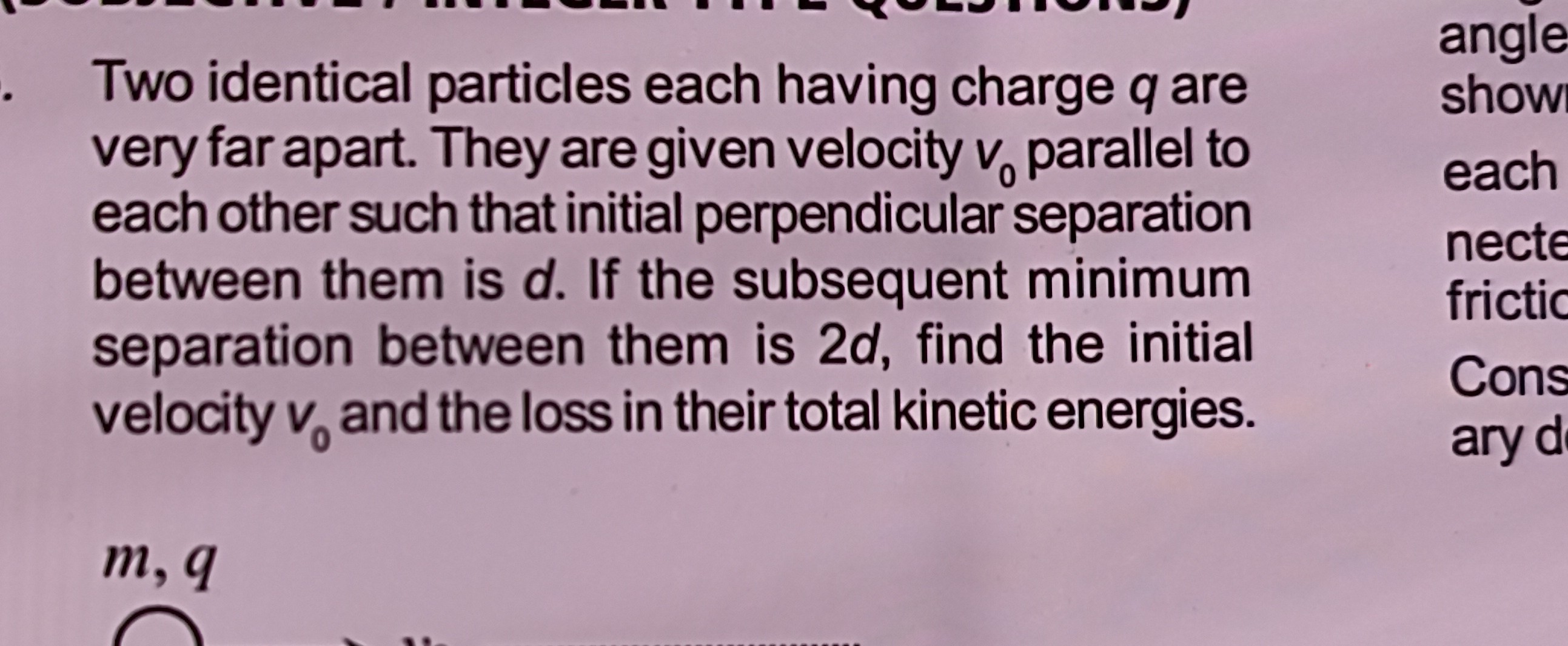 Two identical particles each having charge q are very far apart. They are given velocity v0 ...