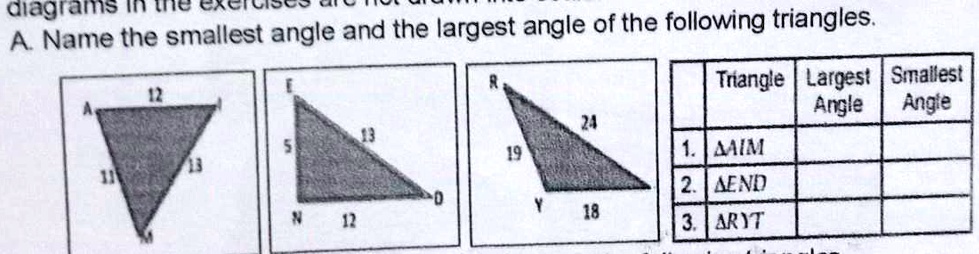diagrams in A. Name the smallest angle and the largest angle of the following triangles. E R 12 ...