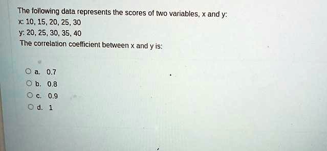 [GET ANSWER] The following data represents the scores of two variables, x and y: x: 10, 15, 20 ...