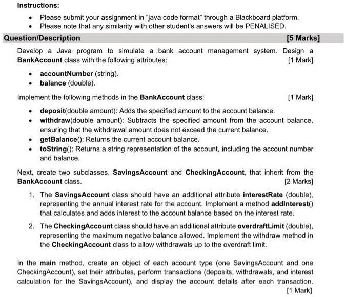 Solved Develop A Java Program To Simulate A Bank Account Management System Instructions 