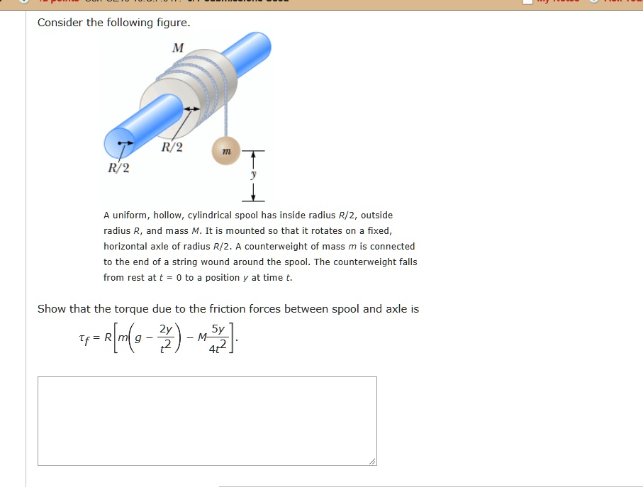 Consider the following figure. M R/2 m R/2 y A uniform, hollow ...