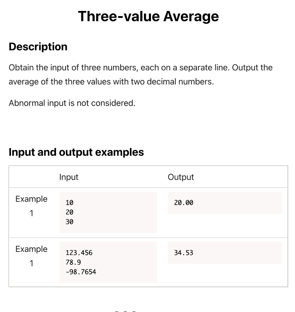 SOLVED: Three-value Average Description: Obtain the input of three numbers, each on a separate ...