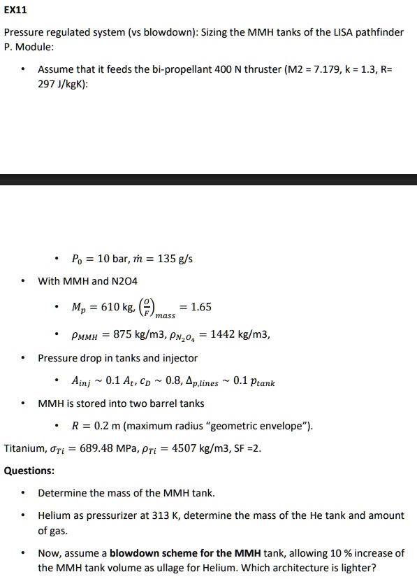SOLVED: Pressure regulated system (vs blowdown): Sizing the MMH tanks ...