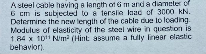 A steel cable having a length of 6 m and a diameter of 6 cm...