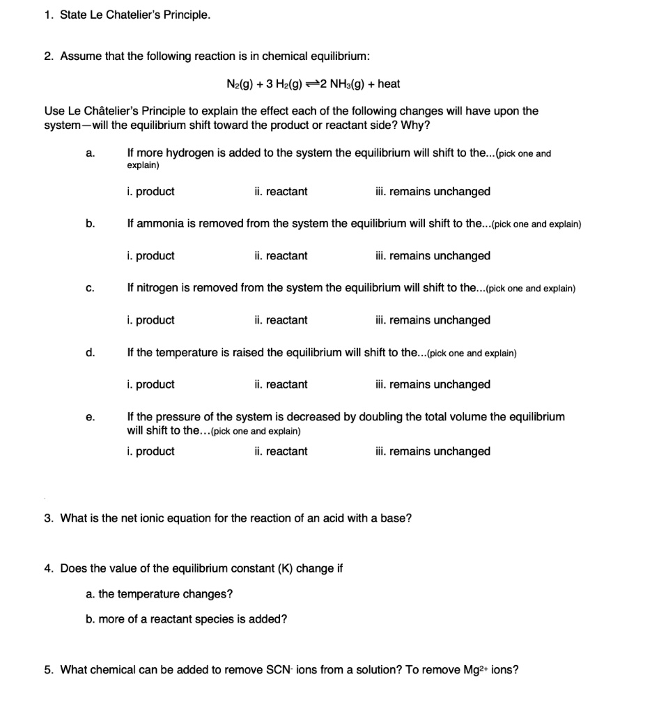 SOLVED:State Le Chatelier 's Principle_ Assume that the following ...
