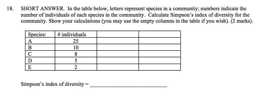 in the table below letters represent species in a community numbers ...