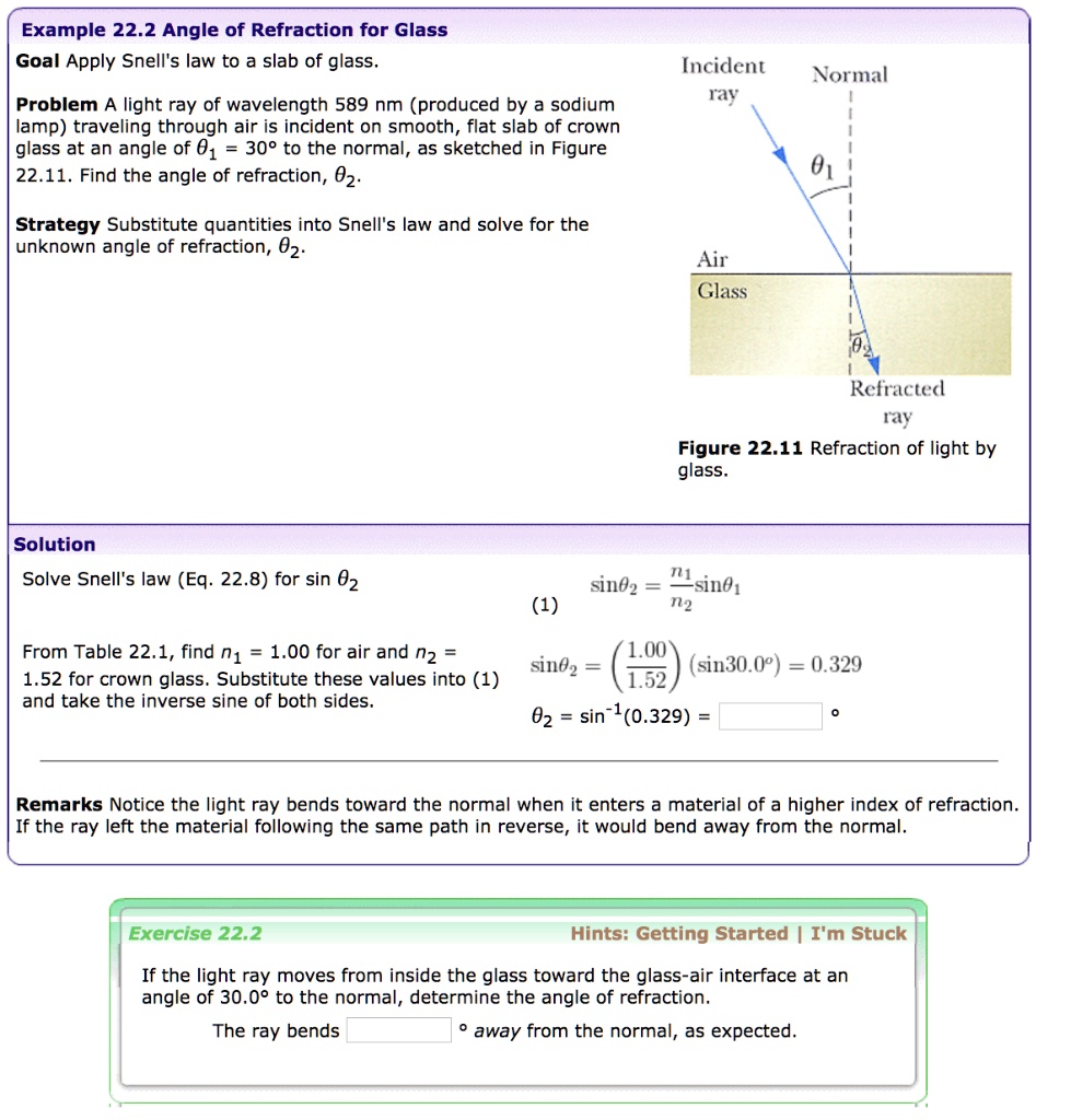 SOLVED: Example 22.2 Angle of Refraction for Glass Goal: Apply Snell's ...