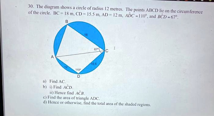 30 the diagram shows a circle of radius 2 metres the points abcd ofthe ...