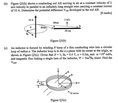 (b) Figure Q3(b) shows a conducting rod AB moving in air at a constant ...