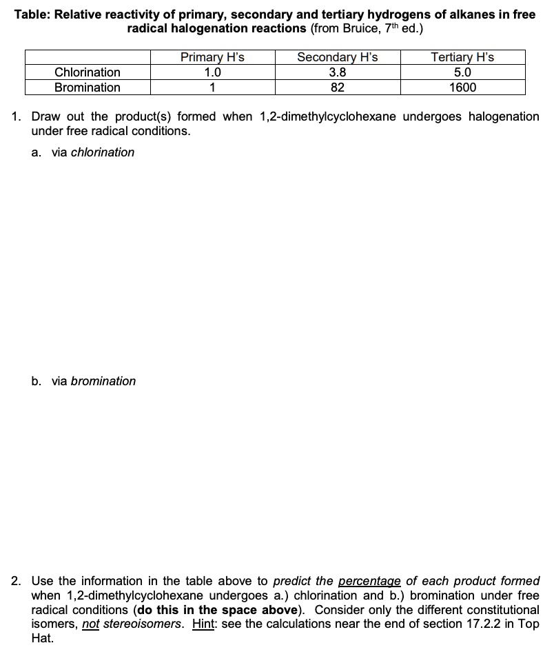 SOLVED: Table: Relative reactivity of primary, secondary and tertiary hydrogens of alkanes in ...